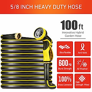 Adimos Hybrid Garden Hose 100 ft x 5/8", Heavy Duty Flexible Lightweight Water Hose 100ft with 10 Function Sprayer Nozzle, 3/4'' Solid Brass Fittings, Ultra Durable, All-weather