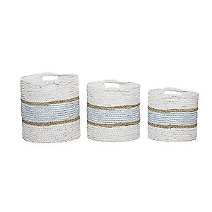 Deco 79 Wood Cylinder Storage Basket with Handles, Set of 3 16", 14", 13"H, White