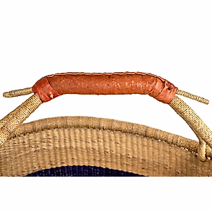 The Bead Chest African Bolga Basket | Genuine Leather Handle | Woven Handmade Fair Trade Product | 100% Authentic Ghanaian | 16-18 Inches Across | Indigo Blue - Striped