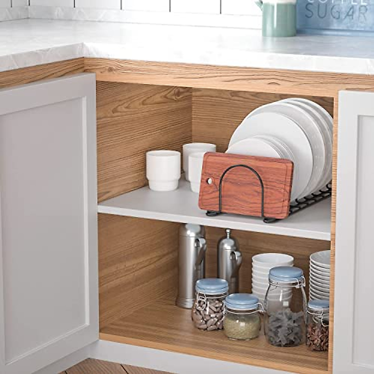 JAQ Pot Lid Rack Organizer, 13.5'' Kitchenware Dividers Holder for Plates, Pans, Cutting Boards, Muffin Tins, Baking Sheets in Cabinets Shelf Countertop Pantry ( Black, 8-Slot)