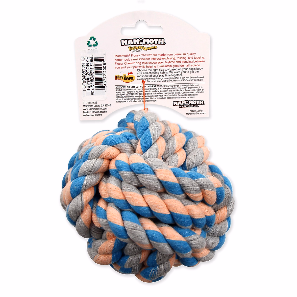 Mammoth Flossy Chews Monkey Fist Ball – Premium Cotton-Poly Rope Ball Toy for Dogs – Interactive Dog Rope Toy – Rope Dog Chew Toy & Fetch Toy for Small to Medium Dogs - Large 4.75” - Assorted Colors