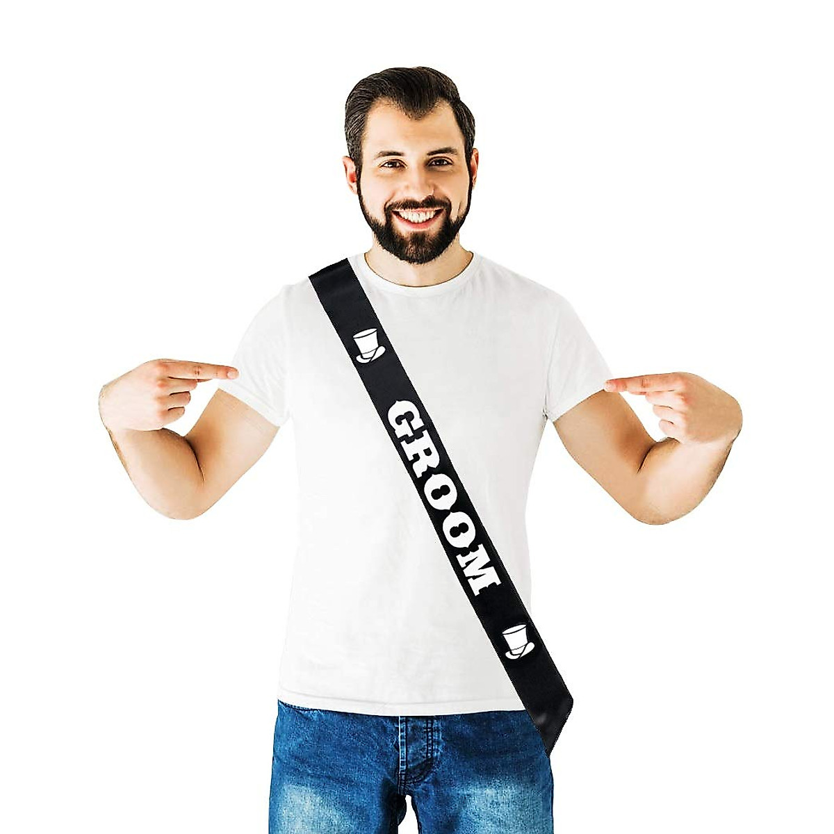 Groom Wedding Party Sash Bundle, Groom (x1), Best Man (x1), Groomsman (x3) Bachelor Bridal Shower Supplies Decorations Favors Gifts Black Sashes White Letters Kit Accessories Decor - Set of 5