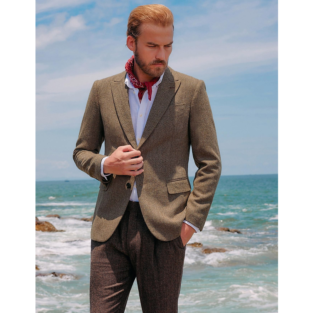 Men's Vintage Herringbone Tweed Blazer Winter Peak Lapel Wool Blend Jacket Coffee Herringbone L
