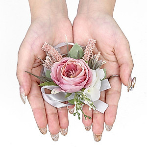 Campsis Set of 2 Wedding Bridal Handmade Flower Wrist Corsage Pink Ribbon Leaves Bride Wristlet Bridal Bridesmaid Hand Flower Prom Party Beach Photography