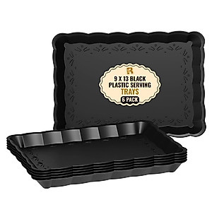 6 Pack Black Plastic Serving Trays - 9 x 13 Party Serving Trays and Platters - Black Serving Tray - Black Serving Platter Tray for Party