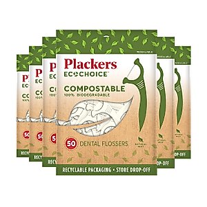 Plackers EcoChoice Compostable Dental Flossers, Sustainably Sourced, BPA Free, Recyclable Packaging, Natural Mint Flavor 50 Count (Pack of 6)