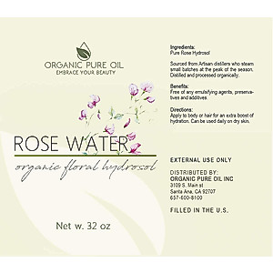Rose Hydrosol Water - 32 oz - Pure Rose Hydrosol – Hydrating Face Toner Rose Water for Skin and Hair, Linen Spray for Sheets, Room Freshener, Body Spray by Organic Pure Oil - Packaging May Vary