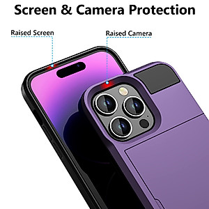 Vofolen for iPhone 14 Pro Max Case Wallet Credit Card Holder ID Slot Sliding Door Hidden Pocket Men Women Anti-Scratch Dual Layer Hybrid Bumper Armor Protective Shell Back Cover GreyPurple 6.7 inch