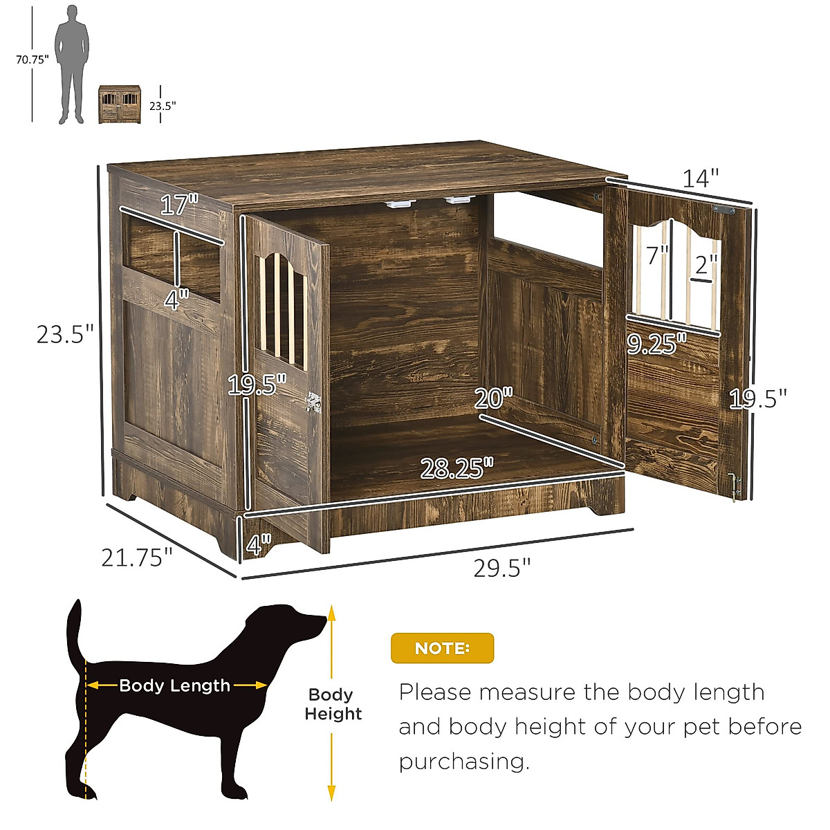PawHut Wooden Dog Crate, End Table Furniture with Lockable Door, Small & Medium Size Pet Crate Indoor Puppy Cage, Brown