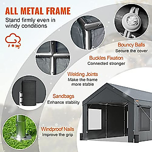 VEVOR Carport 12'x20' Heavy Duty Portable Garage, Upgraded Extra Large Car Canopy with Roll-up Ventilated Windows, Removable Sidewalls, Waterproof UV Resistant All-Season Tarp for Pickup Truck & Boat