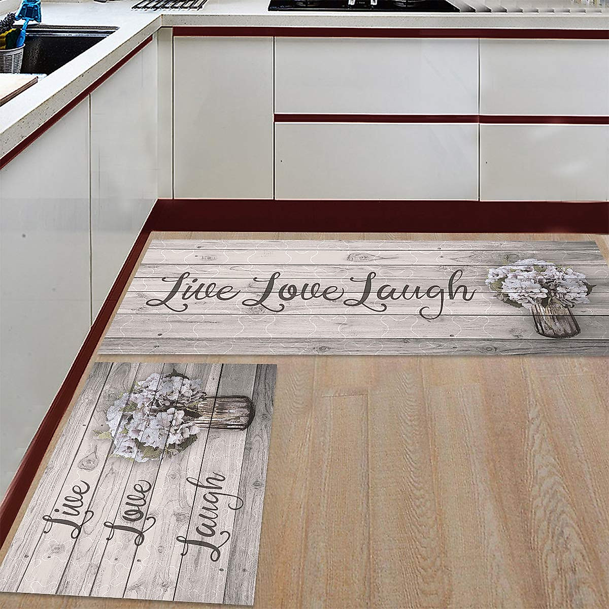 SODIKA Kitchen Rugs and Mats Non Slip Anti Fatigue Machine Washable 2 Pieces Rug Set Kitchen Mats for Floor,Live Love Laugh Vintage Hydrangea Flowers on Wooden Plank (15.7"x23.6"+15.7"x47.2" inches)