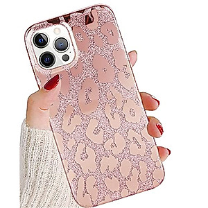 J.west Case Compatible with iPhone 12 Pro Max 6.7-inch, Luxury Saprkle Bling Glitter Leopard Print Design Soft Metallic Slim Protective Phone Cases for Women Girls TPU Silicone Cover Case Rose Gold
