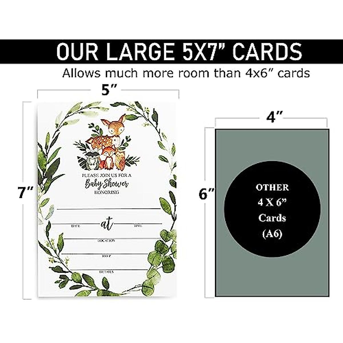 25 Wreath Woodlands Greenery Baby Shower Invitations (Large Size 5X7 inches), Diaper Raffle Tickets, Baby Shower Book Request Cards with Envelopes Woodland Creature Invites Neutral Baby Showers Fox