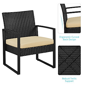 Yaheetech 3-Piece Patio Furniture Set, Rattan Wicker Outdoor Chairs Set of 2 w/Coffee Table - PE Rattan Chair Balcony Conversation Set for Yard/Bistro/Garden/House/Porch, Black/Khaki
