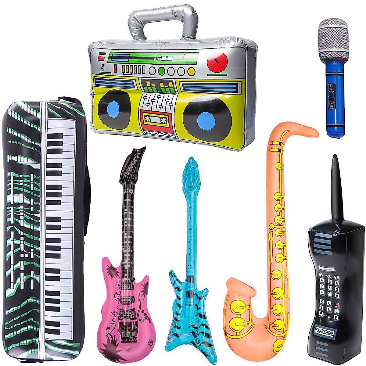 Inflatable Rock Star Toy Set, 7 Pack Inflatable Boom Box Mobile Phone Guitar Bass Party Props for 80's 90's Party Decorations, Rock and Roll Party Favors Supplies, Christmas Birthday Party Gifts.
