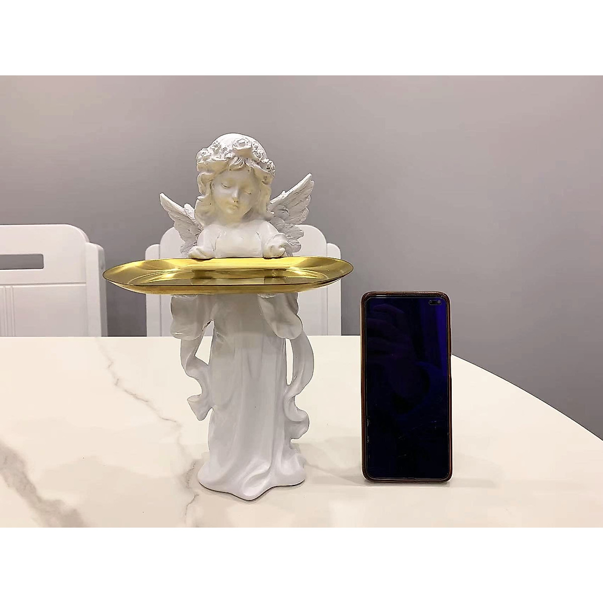 Z1SR Desktop Angel Figurines Holding Storage Tray, 12'' Tall Watch Key Snack Jewelry Holder Decorative Tray Resin Angel Statue with Tray in Hands Home Office Desktop Decoration, White