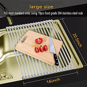 Antspertor Large Roll Up Dish Drying Rack, Over The Sink Multipurpose Roll-Up Dish Racks, 20.5" L x 16" W（Gray） Rolling Stainless Steel Dish Drainer Portable Foldable for Kitchen Counter