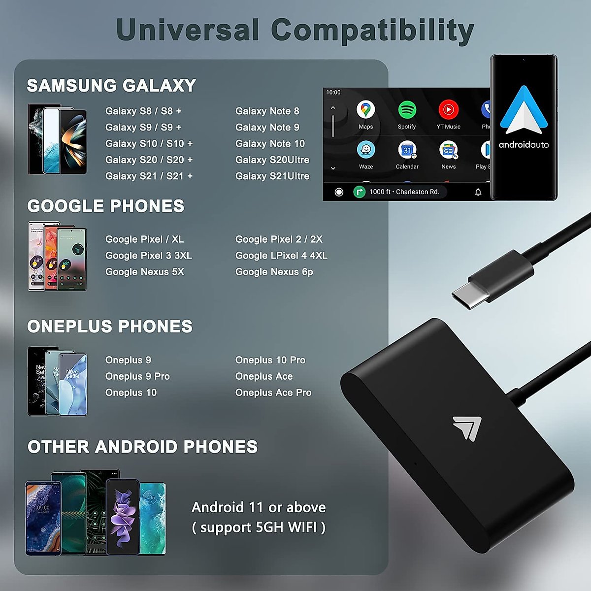 WQQBFF Wireless Android Auto Car Adapter，Android Phones Converts Wired Android Auto to Wireless - Direct Plug-in Type-c Adapter， Android Auto Wireless Adapter AI Box for Car with OEM（Black）