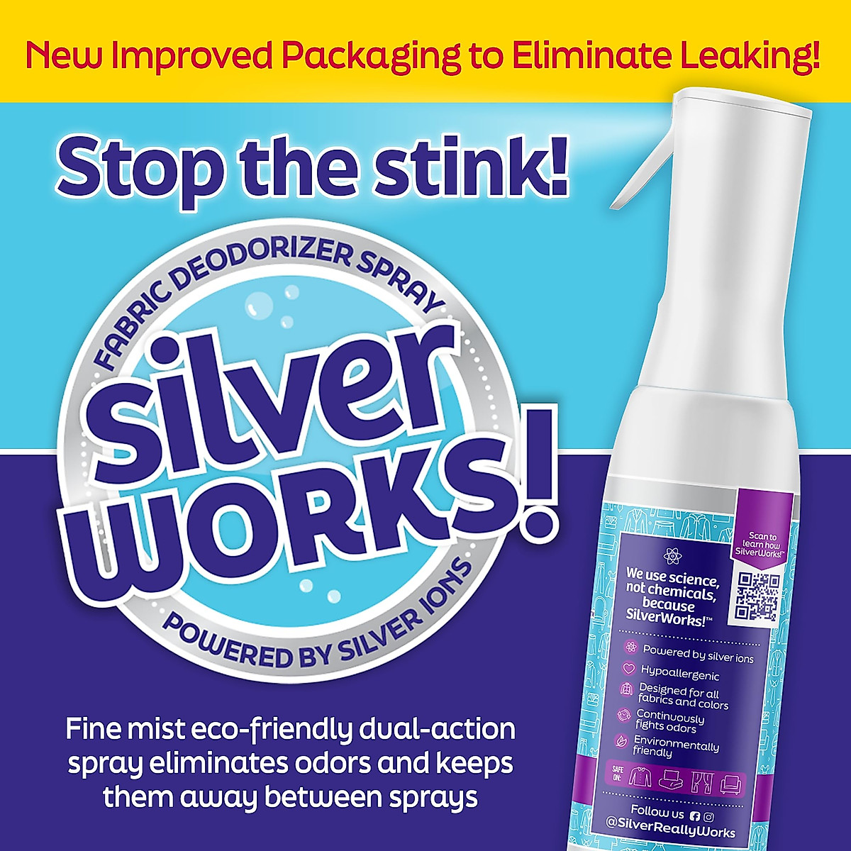 SilverWorks! Fabric Spray Odor Eliminator For Home - Silver Ion Room Deodorizer Strong Natural Furniture Couch Deodorizer, Remove Smells for Car, Pets, Clothes, Carpet, -16.9oz