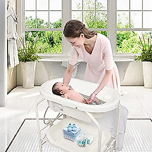Kinbor Baby Bathinette Folding Changing Table Baby Diaper Station with Bath Tub Unit, Portable Children Baby Dresser Unit Infant Nursery Trays Storage