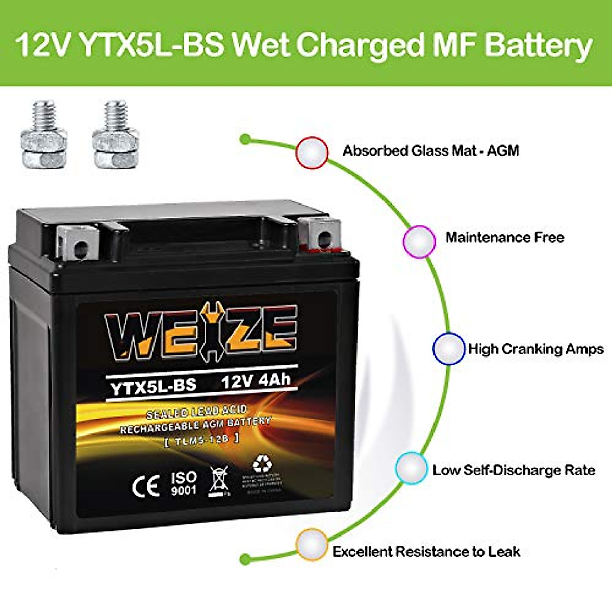 Weize YTX5L-BS High Performance - Maintenance Free - Sealed AGM Motorcycle CTX5L Battery compatible with Honda YUASA Yamaha ETX5L-BS Batteries