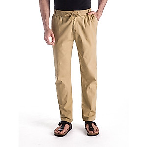 MUSE FATH Men’s Linen Elastic Waist Pants-Lightweight Summer Trousers-Khaki-S