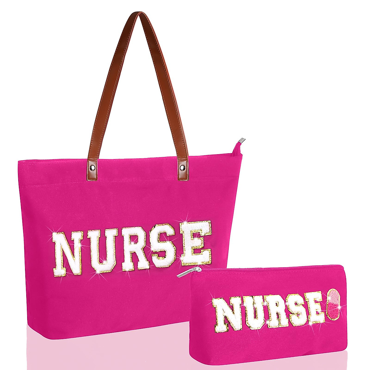 Locmeo 2 Pcs Tote Bag Gift for Teacher Nurse Dance Preppy Makeup Bag Cosmetic Women Chenille Letter School party(Nurse)