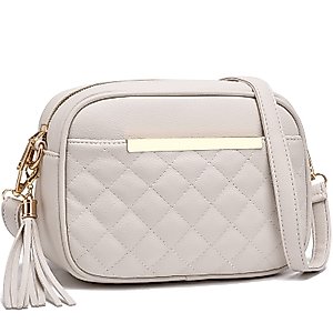 I IHAYNER Cute Little Multiple Pocket Small Crossbody Bag for Women Quilted Shoulder Purse for Ladies Lightweight Purse With Tassel White