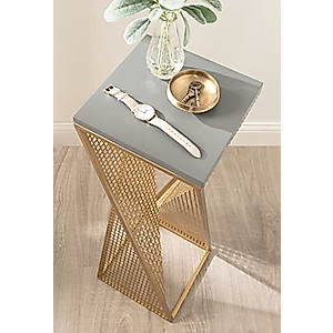 Kate and Laurel Elita Mid-Century Modern Industrial Wood and Metal Pedestal End Table for Storage and Display, 10x10x30, Gray/Satin Gold