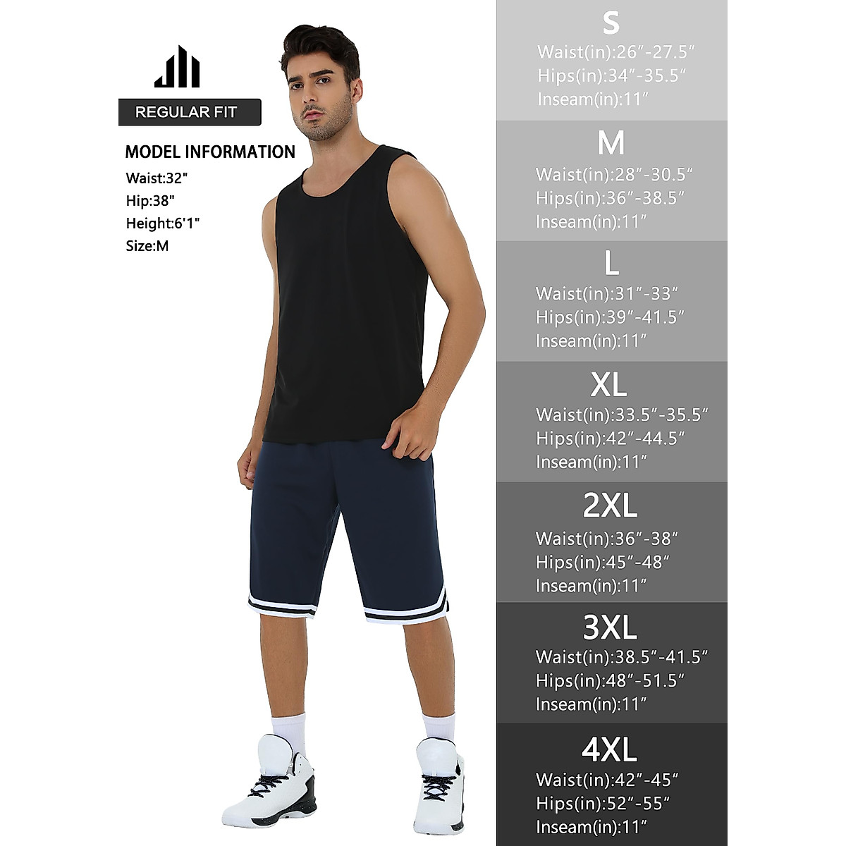 JWM Mens Long Basketball Shorts with Zip Pockets - 11" Mesh Athletic Gym Workout Sport Shorts Quick Dry Lightweight Navy