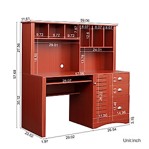 Xshelley Home Office Computer Desk with Hutch, 3 Drawers, Keyboard Tray (Red)