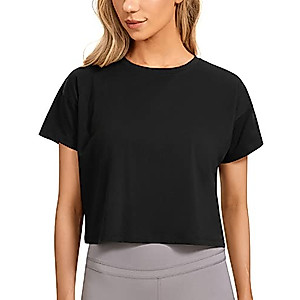 CRZ YOGA Women's Pima Cotton Workout Short Sleeve Shirts Loose Crop Tops Athletic Gym Shirt Casual Cropped T-Shirt Black Small