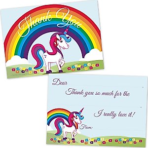 Old Blue Door Invites Rainbow Unicorn Kids Birthday Fill In Thank You Cards (20 Count with Envelopes)