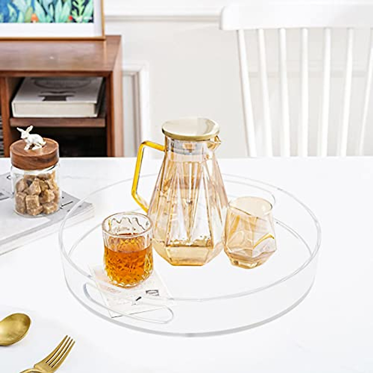 Funtygy Acrylic Tray, Clear Serving Tray with Handles, Decorative Tray Round Tray for Vanity Ottoman Bathroom Kitchen Dining Room Coffee Table Countertop Home Decor