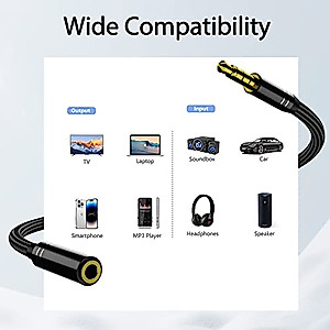 PVJALI Headphone Extension Cable(4Ft/1.2M), 3.5mm Audio Cable Male to Female, 4 Pole Hi-Fi Stereo Sound AUX Cord Extender for All 3.5 mm Enabled Devices (2 Pack - Nylon Braided Black)