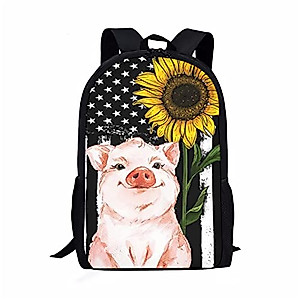 STUOARTE 3 Piece Pig Backpack Set American Flag Sunflowe Print Bookbag with Lunch Box Pencil Case, Fashion School Book Bag for Kids Teens Middle School Daypack