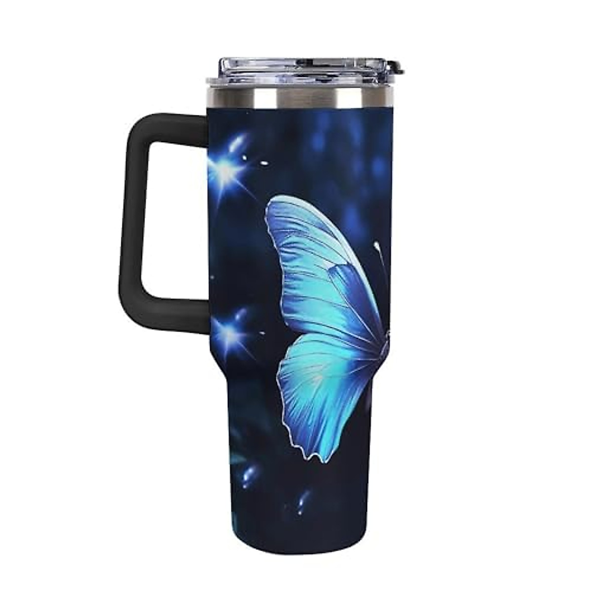Blue Butterfly Insulated Stainless Steel Travel Mug, 40 Oz Tumbler with Handle And Straw Double-Wall Vacuum Coffee Cup, Leak-Proof Lid, Keeps Drinks Hot/Cold for Hours