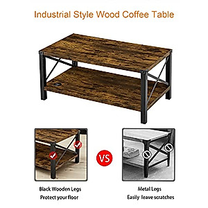 Okvnbjk Farmhouse Coffee Table, 2-Tier Center Table for Living Room, Industrial Living Room Table with Charging Station, Cocktail Table with Wireless Charger Pad & USB Port, 40 inch, Rustic Brown
