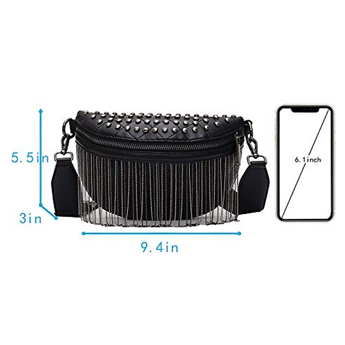 LABANCA Women Faux Leather Waist Packs Rivet Studded Zipper Pocket Shoulder Purse Rave Festival Fanny Bag Purse Chest Bag, Black