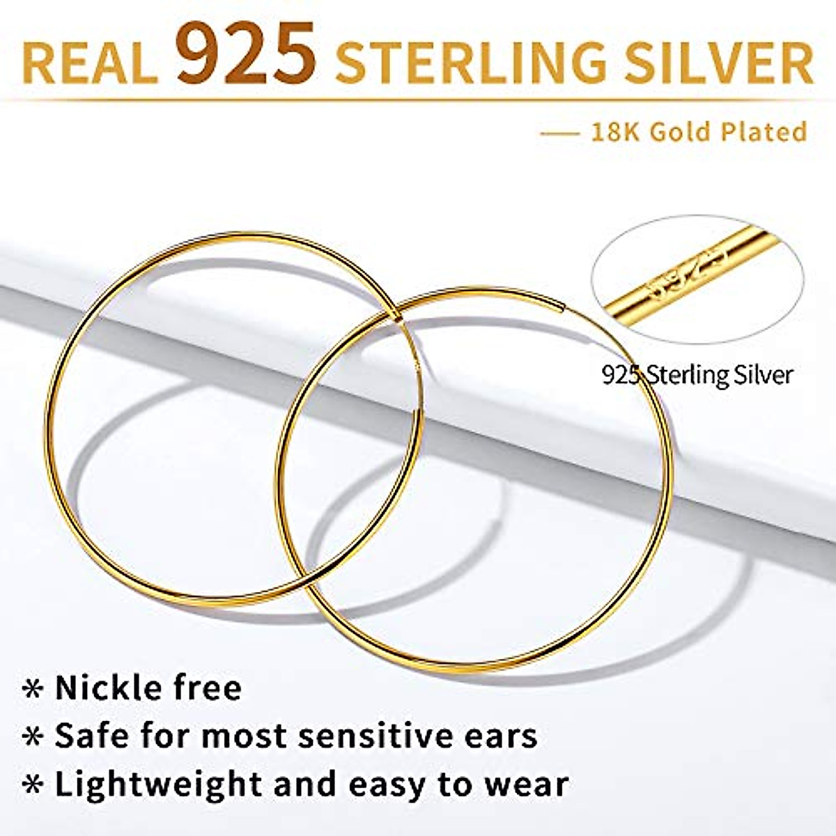 ChicSilver Huge Hoop Earrings, Hypoallergenic 18K Gold Plated Sterling Silver Hoop Earrings Endless Circle Big Hoops for Women (70mm)