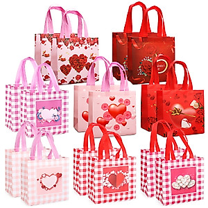 16PCS Happy Valentines Day Reusable Gift Bags, Treat Bags with Handles, Valentines Day Party Bags, Multifunctional Non-Woven Valentines Bags for Gifts Wrapping, Valentines Party Supplies, 8.7×9.2×4.3inch