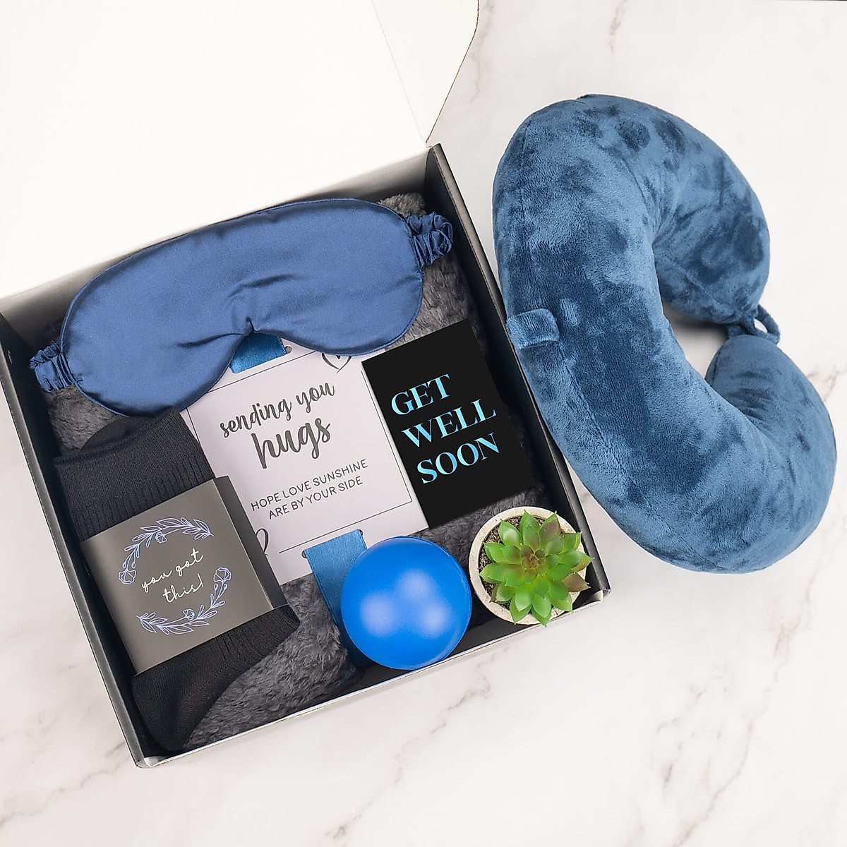 Get Well Gifts For Men,Care Package For Men With Cozy Blanket|Memory Foam Pillow|Stress Ball|Socks|Eye Mask|Thinking Of You Greeting Card|Little Plant,Get Well Soon Gift Basket for Dad|Husband|Brother