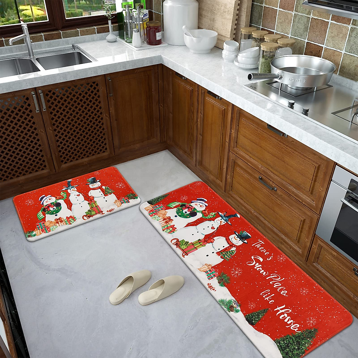 ASPMIZ 2 Pcs Merry Christmas Kitchen Rugs, Red Winter Area Rug Set of 2 Non Slip Washable, Absorbent Anti Fatigue Snowmen Kitchen Mat for Laundry Bathroom Bedroom Xmas Decor, 17'' x 47'' + 17'' x 30''