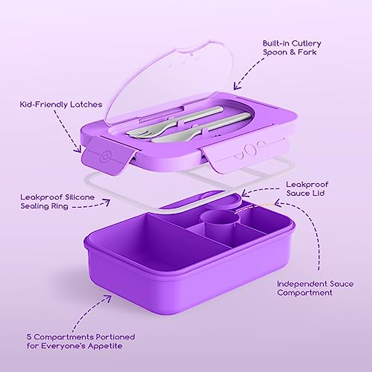 Lunch Box Kids, Bento Box, 1350ML Bento Lunch Box for Kids, Lunch Containers with 5 Compartments Utensils Food Picks Cake Cups, Leak-proof Bento Box Adult Lunch Box for Boys Girls Toddler, Purple
