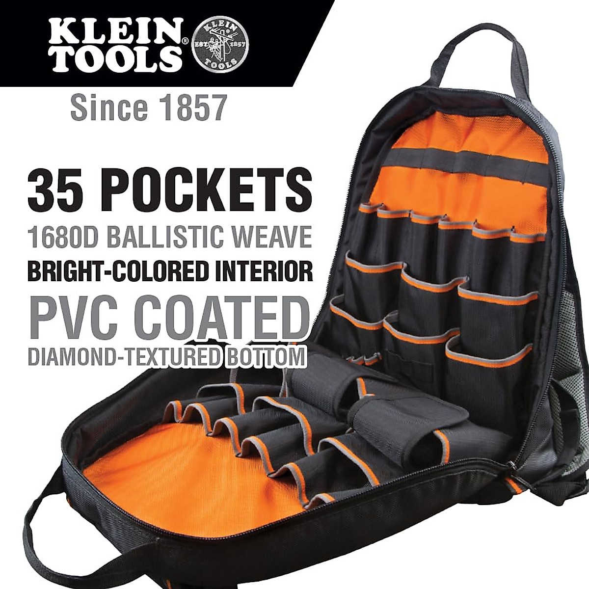 Klein Tools 55475 Tool Bag Backpack, Heavy Duty Tradesman Pro Tool Organizer / Tool Carrier with 35 Pockets for Hand Tools and Gear