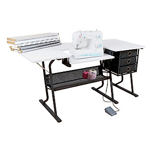 Sew Ready Eclipse Hobby Sewing Center Craft Table Sturdy Computer Desk with Drawers in Black/White, 13362