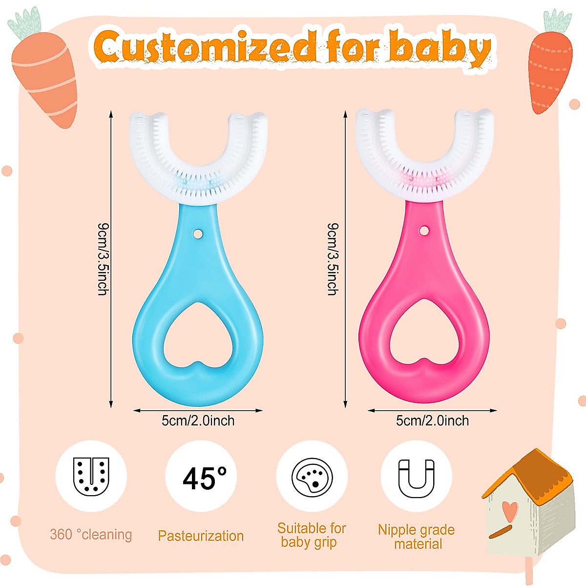 8 Pieces Kids U Shaped Toothbrush with Silicone Brush Head 360 Degrees Toothbrush Toddlers U-Type Toothbrush Whole Mouth Toothbrush Manual Children Toothbrush for Kids 1-6 Years Old, Pink and Blue