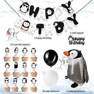 Gejoy 48 Pcs Penguin Birthday Party Decoration Includes Happy Birthday Penguin Banner Walking Penguin Balloons Penguin Cake Topper Latex Balloons Penguin Party Supplies for Winter Birthday Baby Shower