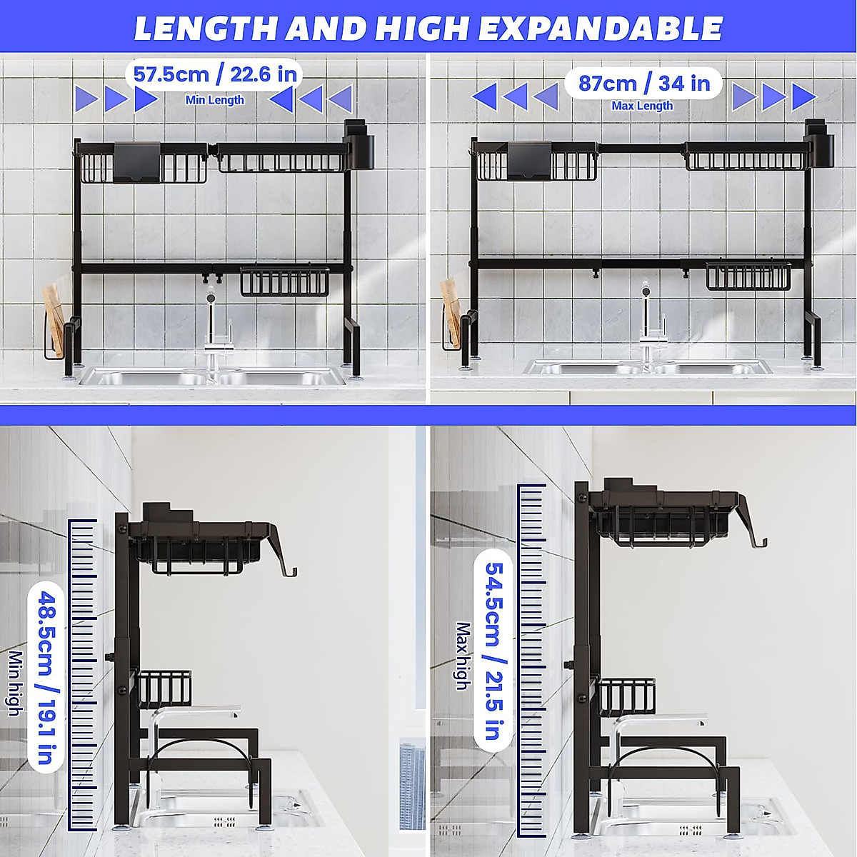 adoymiro Over The Sink Dish Drying Rack, Expandable Height and Length, 2 Tier Large, Stainless Steel, 24-35.5 inches L x 12 inches W x 19-22 inches H