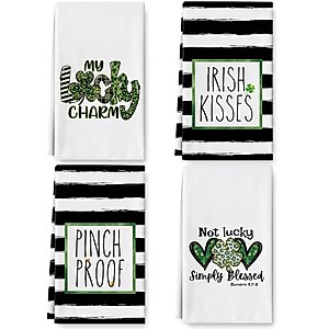 AnyDesign St. Patrick's Day Kitchen Dish Towels White Black Stripes Dishcloth 18 x 28 Lucky Charm Irish Kisses Cloth Tea Towel Seasonal Decorative Hand Towel for Home Farmhouse Cooking Baking, 4Pcs
